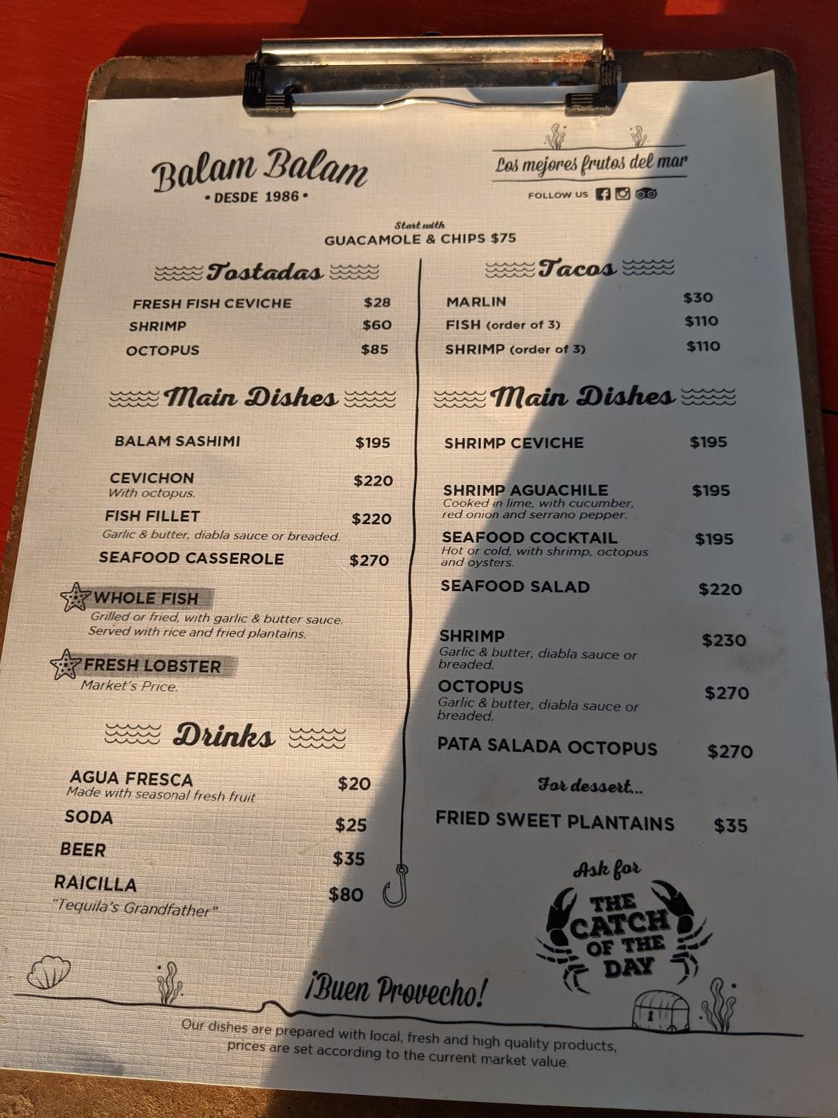 Menu at Balam Balam restaurant, Puerto Vallarta