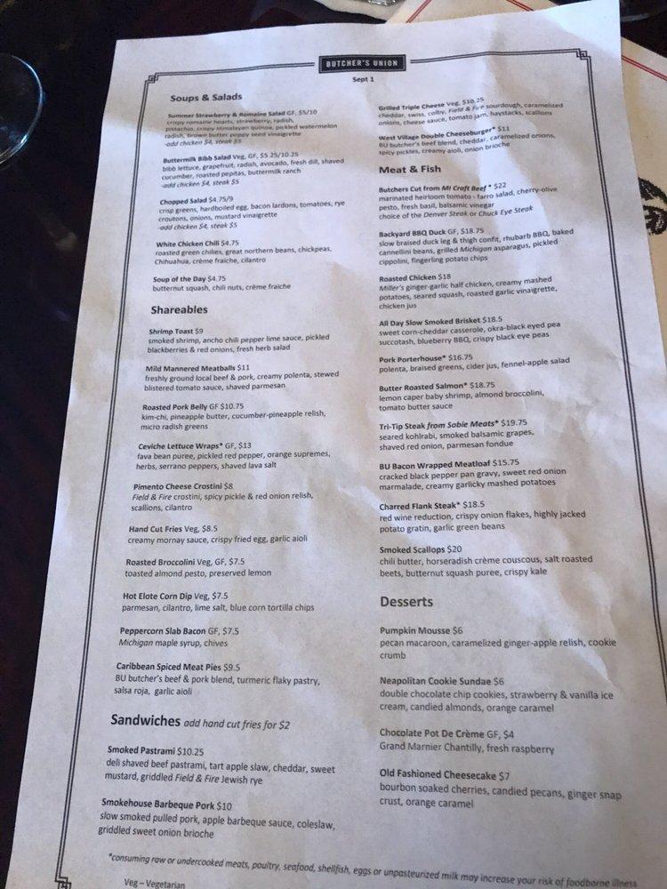 Menu at Butcher's Union pub & bar, Grand Rapids, 438 Bridge St NW