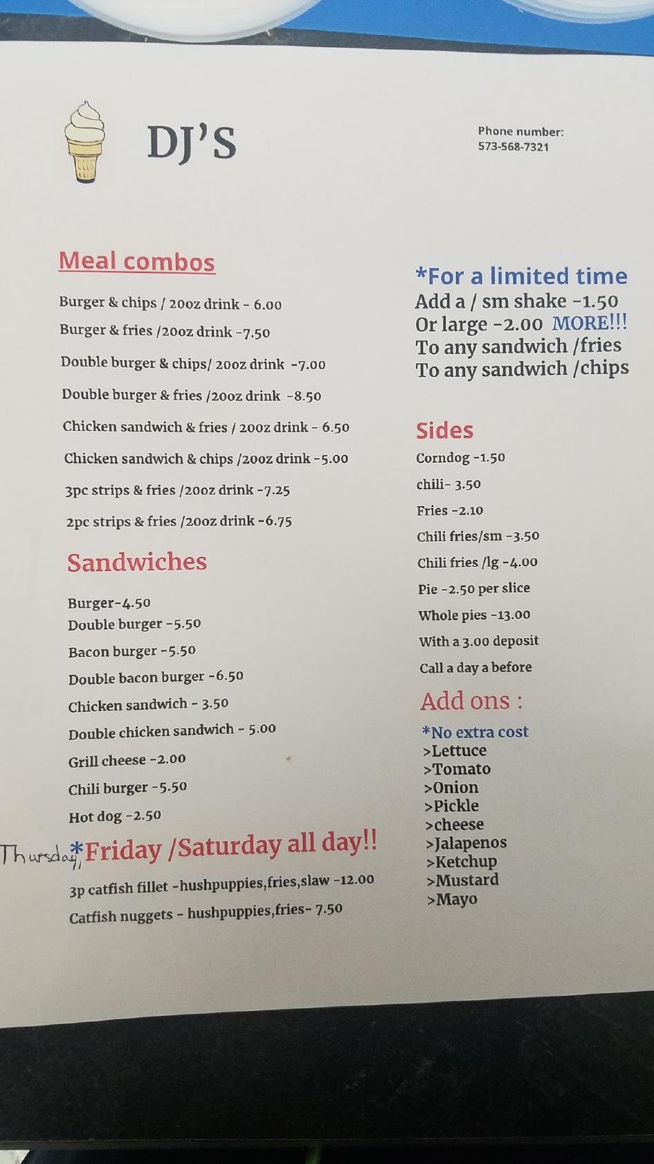 Menu at DJ'S Ice cream cafe, Bloomfield