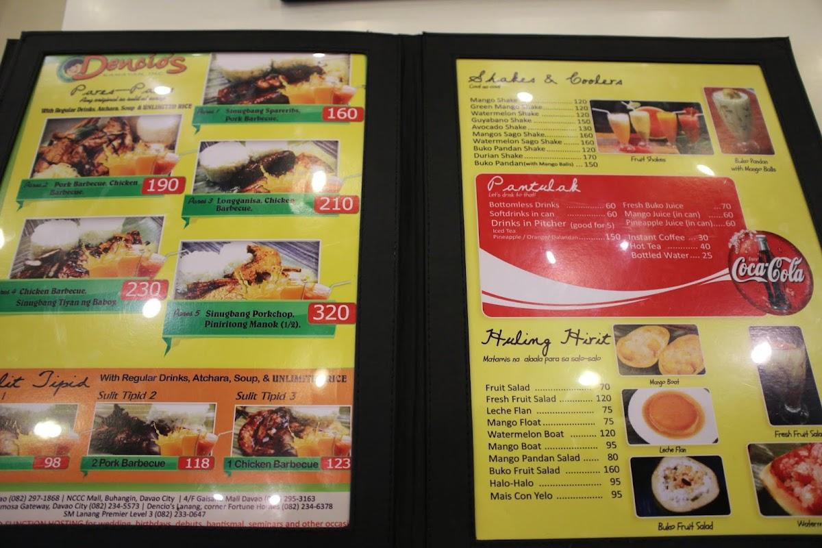 Menu at Dencio's Kamayan SM Lanang restaurant, Davao City