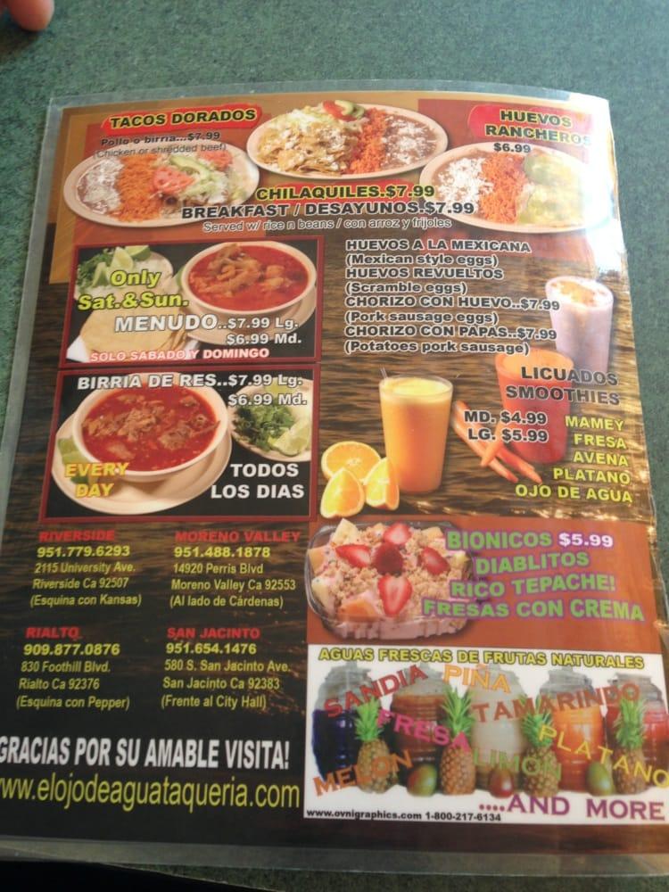 Menu at El Ojo De Agua restaurant, Riverside, 2115 University Ave