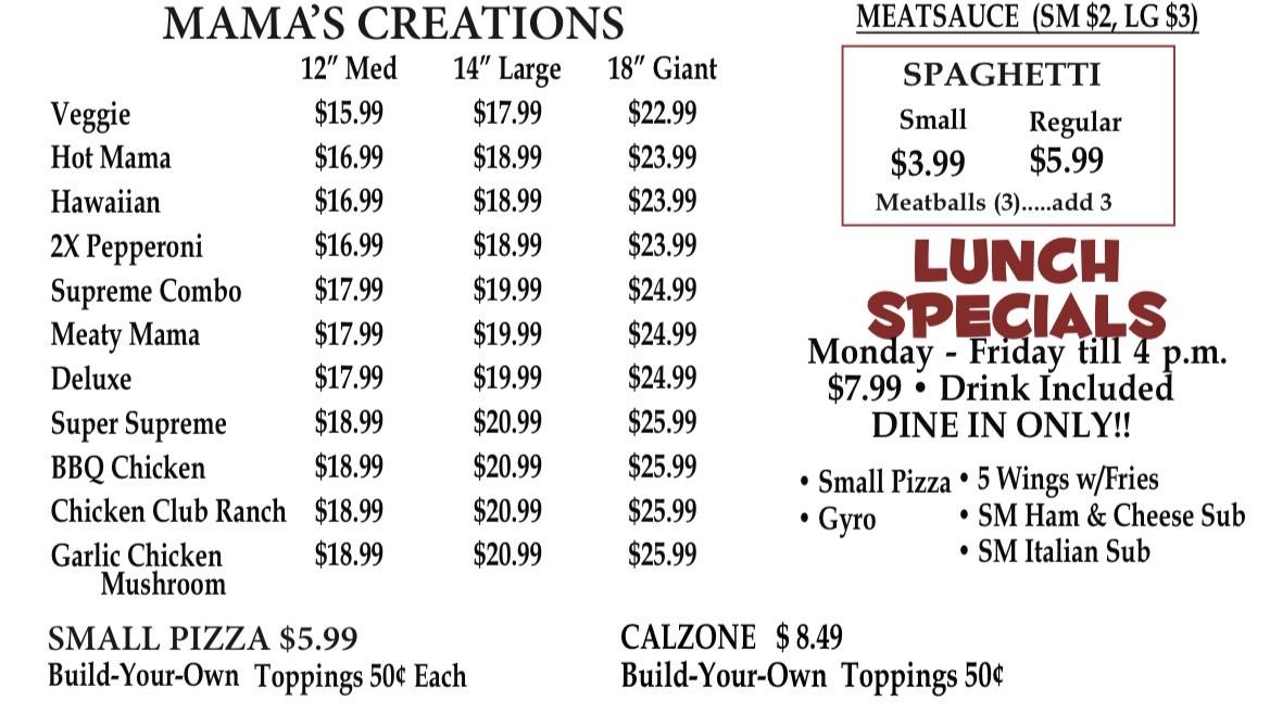 Menu at Hot Mama's Pizzeria, Laughlin