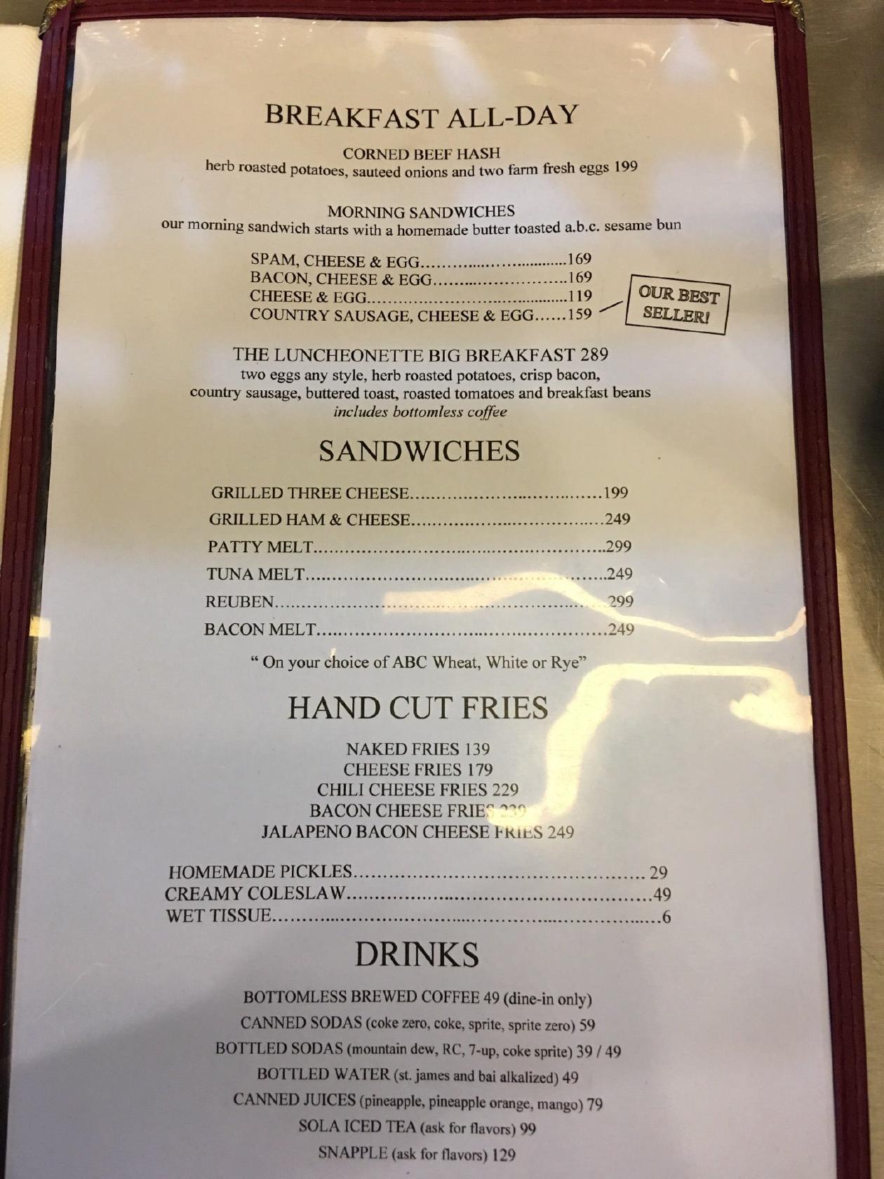 Menu at Luncheonette restaurant, Cebu City, 8V6R+4PG