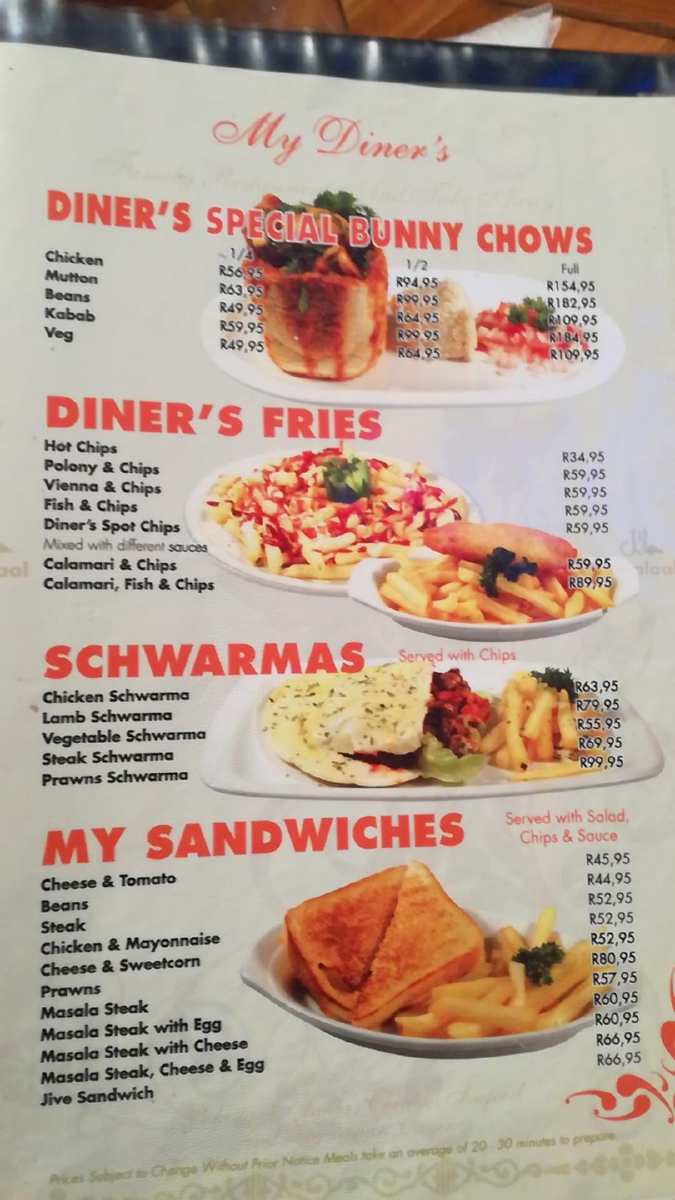 Speisekarte von My Diners Beachfront restaurant, Durban, 139 Lower ...