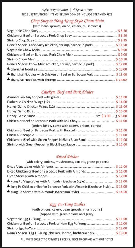 Menu at Reise's Restaurant, Sudbury