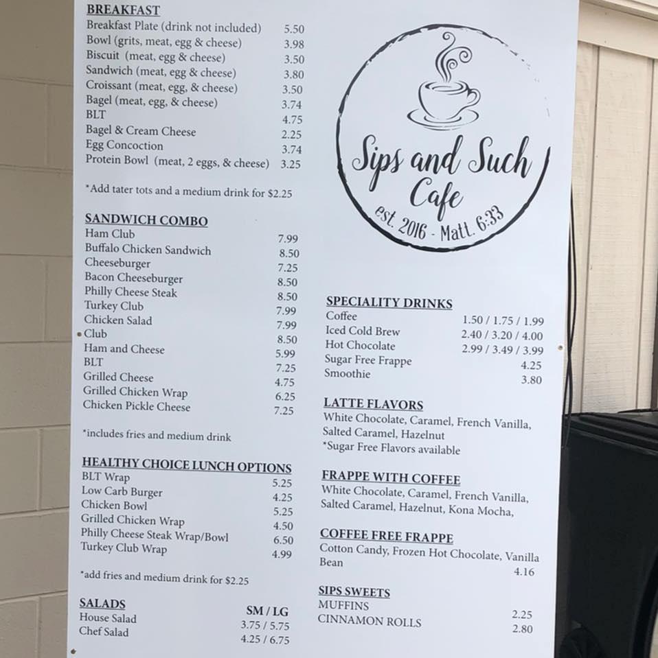 Menu at Sips and Such cafe, Baxley