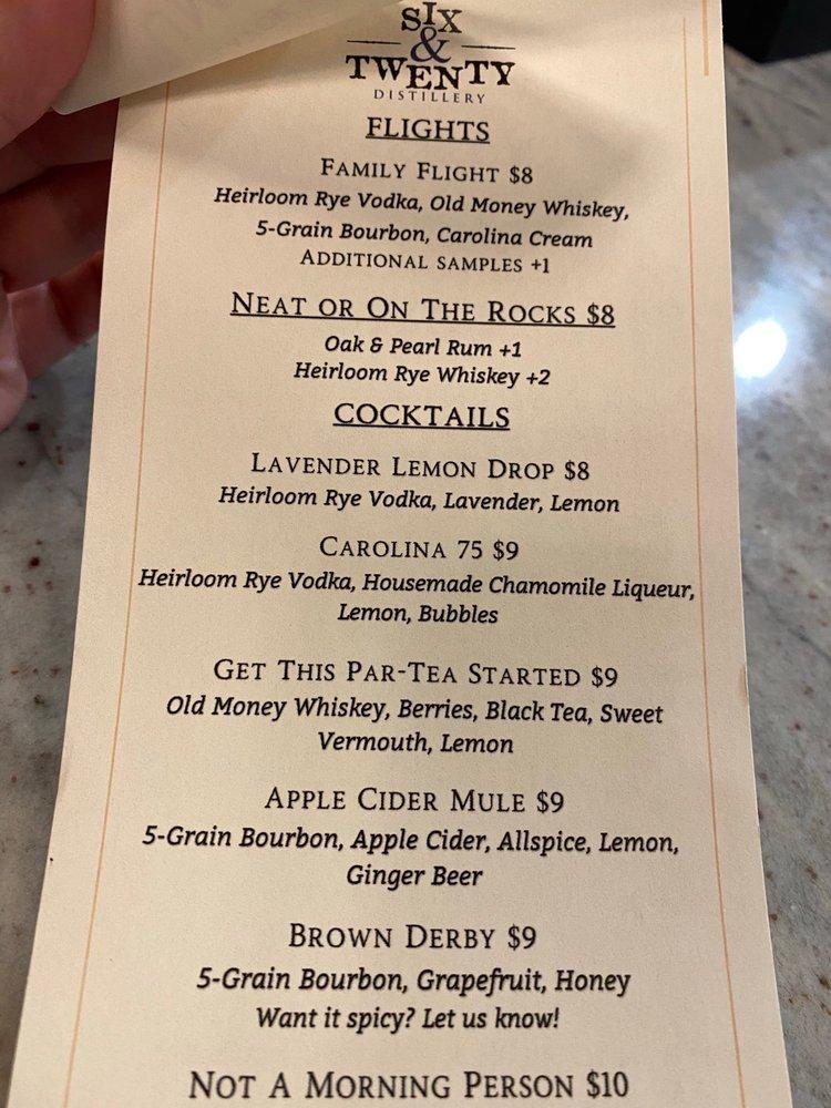 Menu at Six & Twenty Distillery pub & bar, Greenville