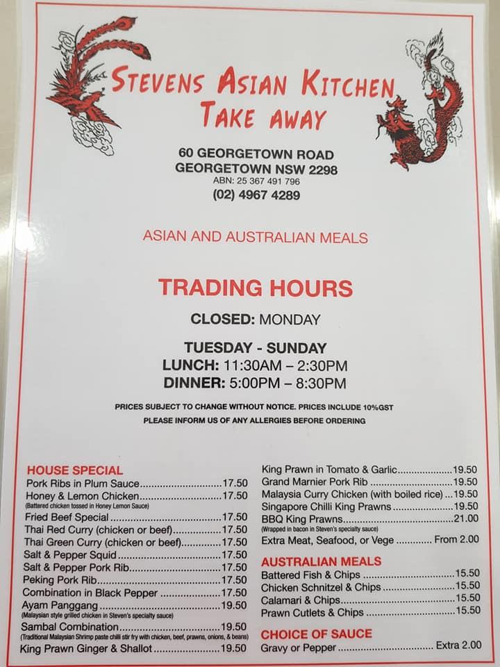 Menu at Steven's Asian Kitchen Take Away restaurant, Georgetown
