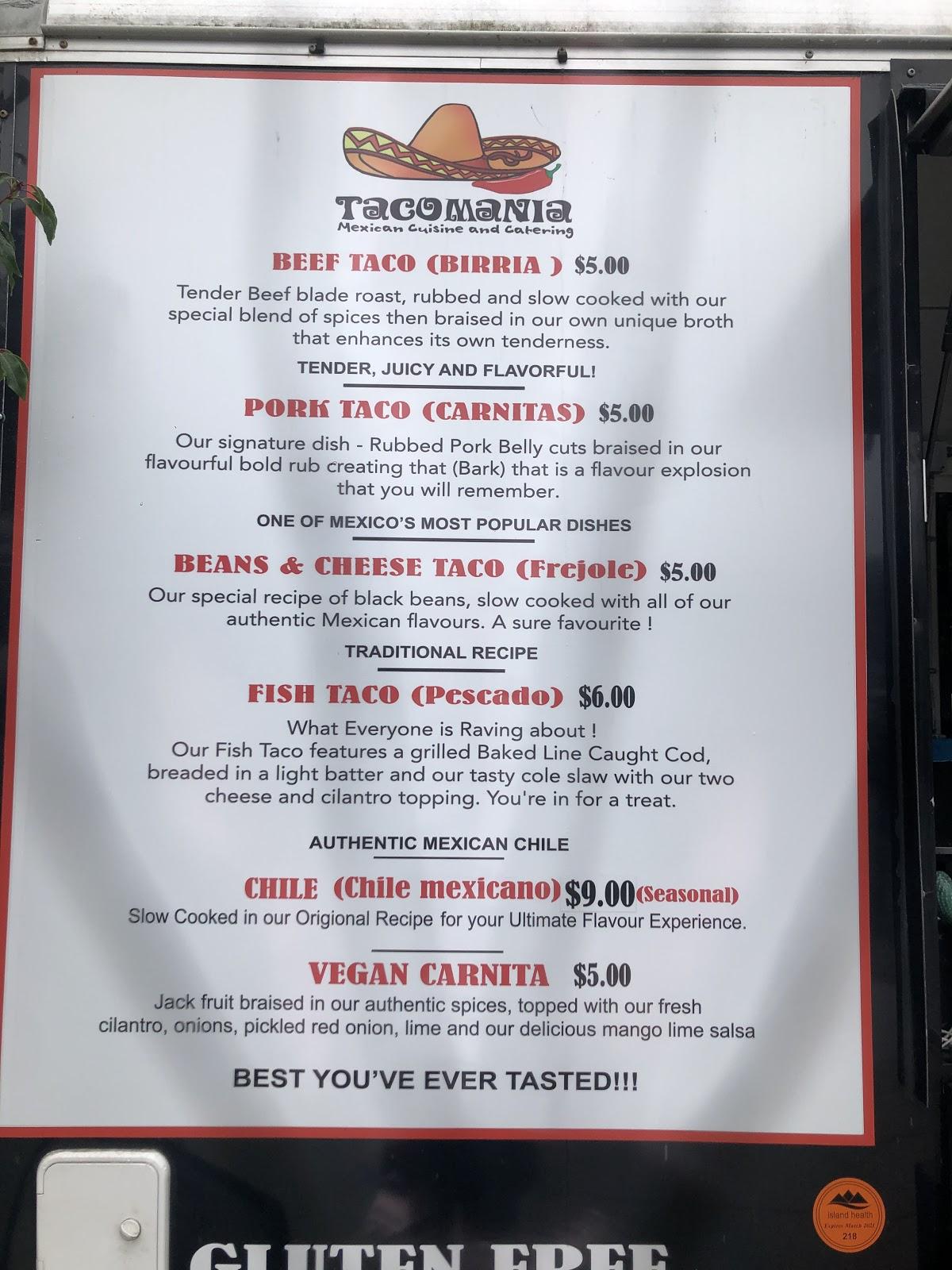 Menu at Tacomania restaurant, Nanaimo
