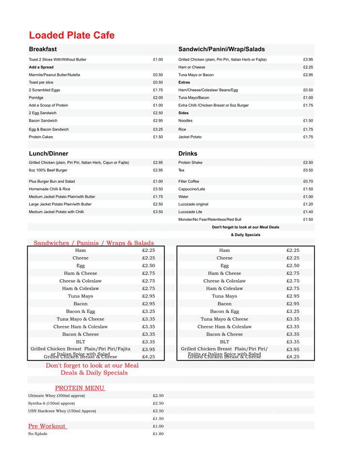 Menu at The Loaded Plate Cafe At Challenge Gym, Bishop's Stortford