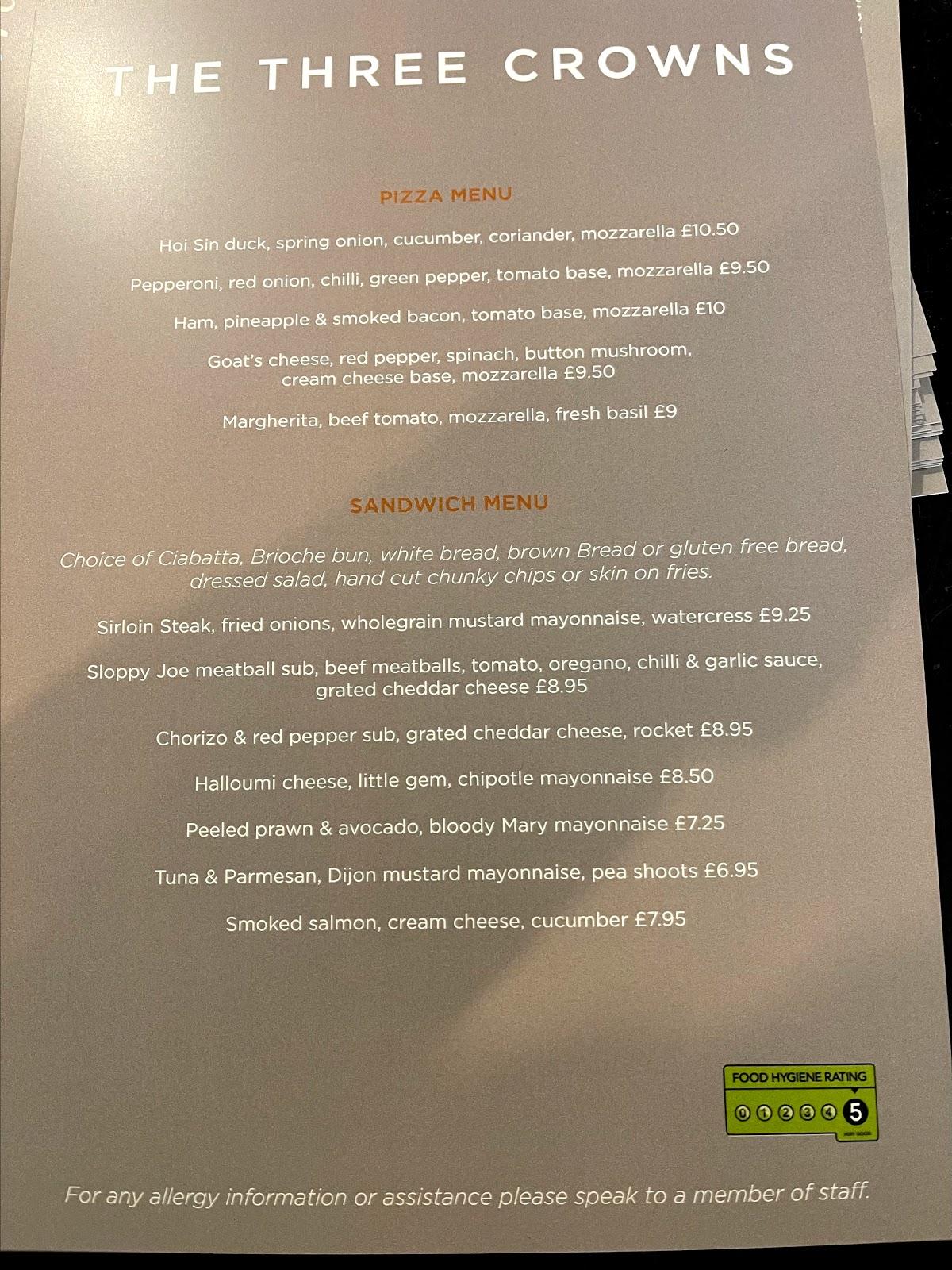 Menu at The Three Crowns Inn pub & bar, Oldham