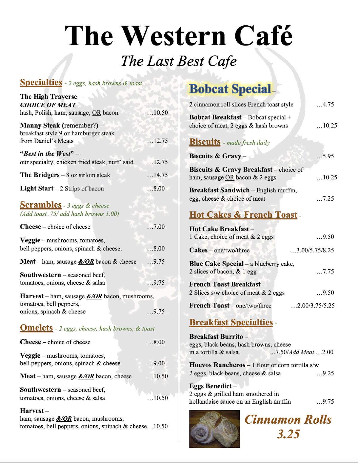 Menu at Western Café restaurant, Bozeman