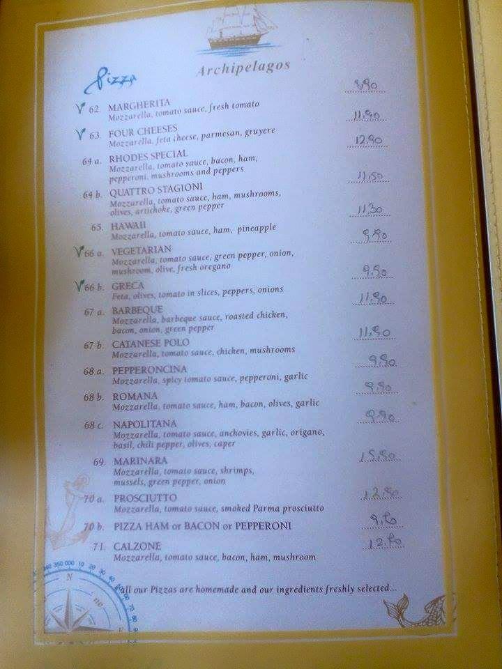 Menu at Archipelagos, Rhodes