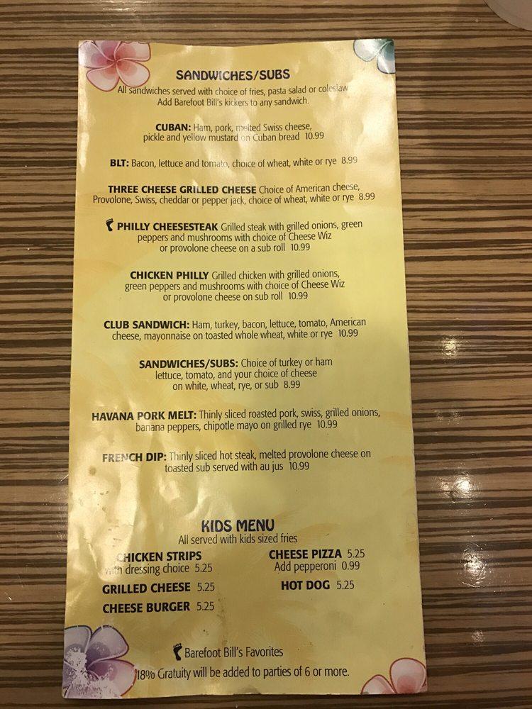 Menu at Barefoot Bill's Island Grill, St. Augustine