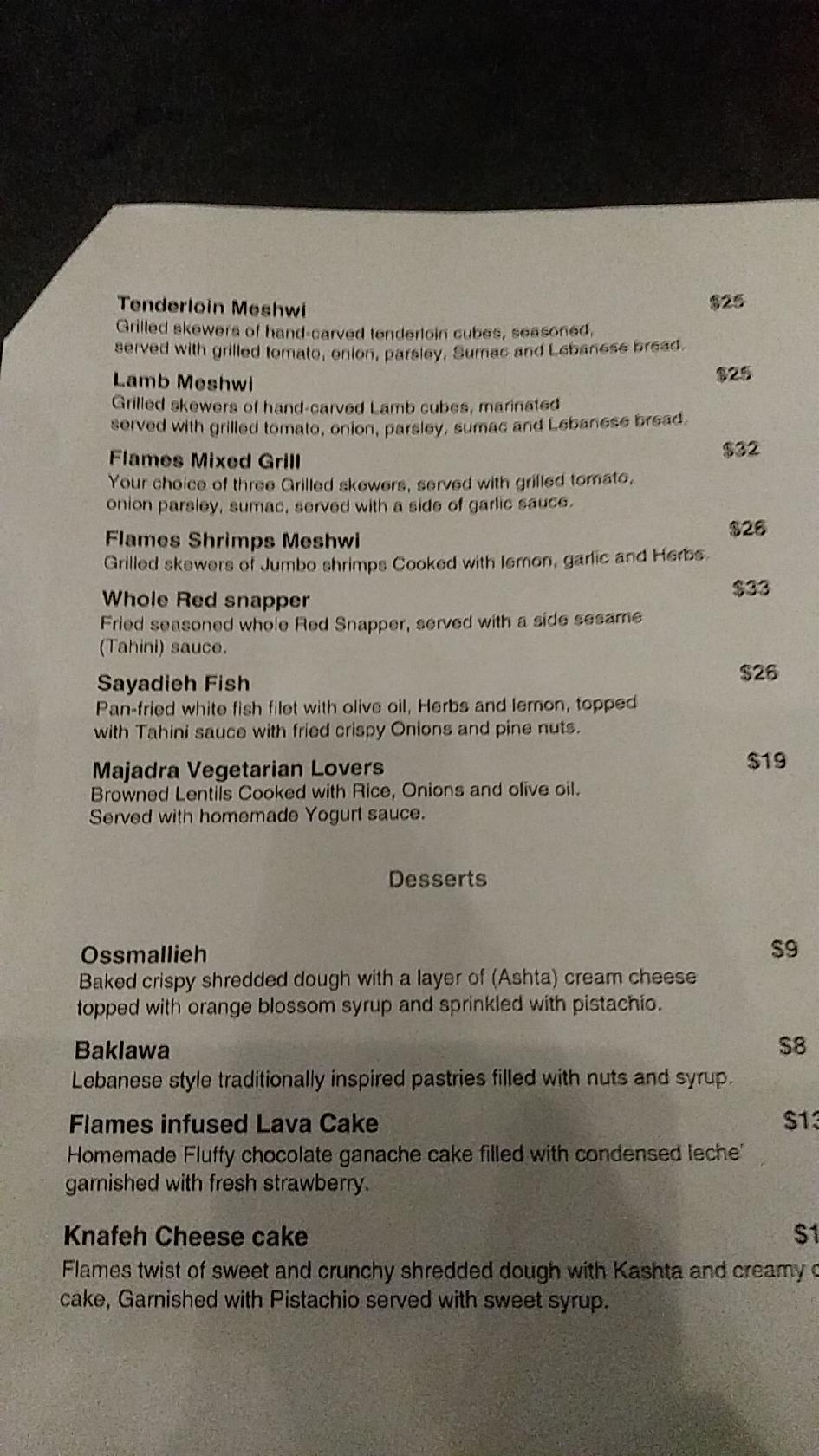 Menu at Flames Mediterranean Bar & Grill - Melbourne, Melbourne