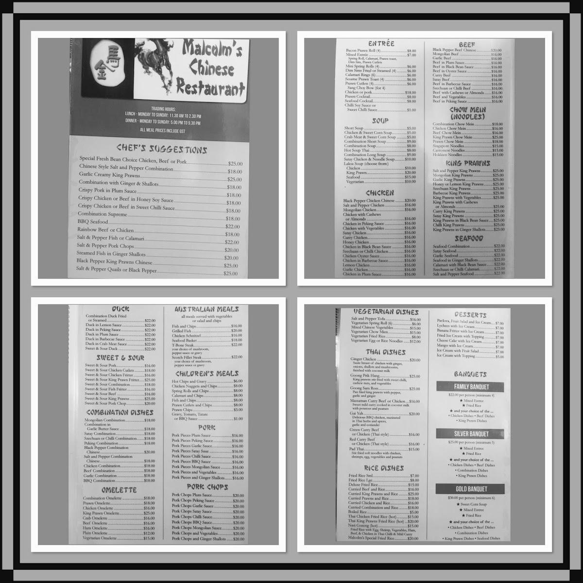Menu at Malcolm's Chinese Restaurant, Griffith