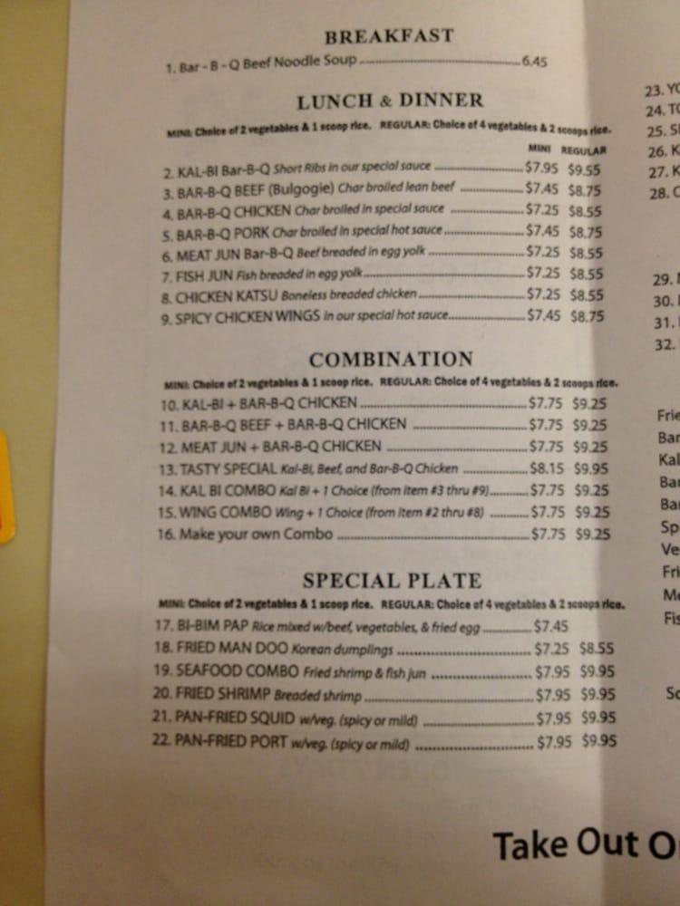 Menu at Tasty Korean BBQ, Kaneohe