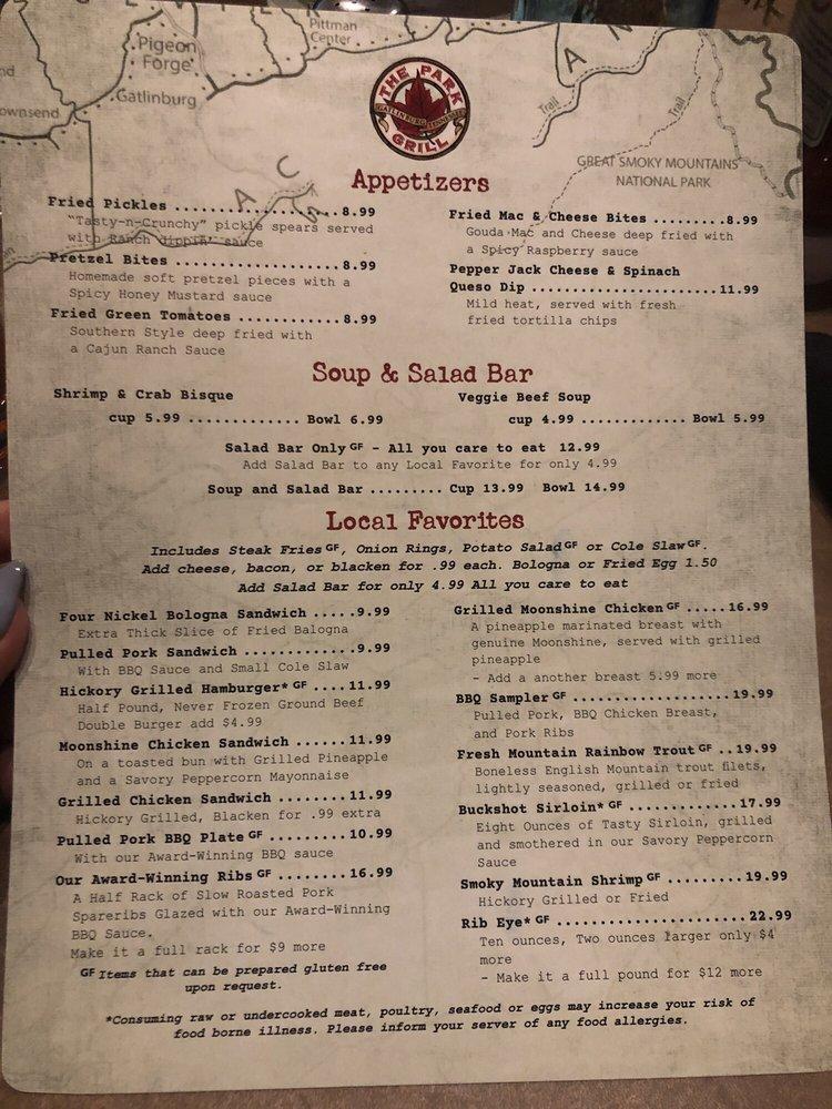 Menu at The Park Grill steakhouse, Gatlinburg, Parkway