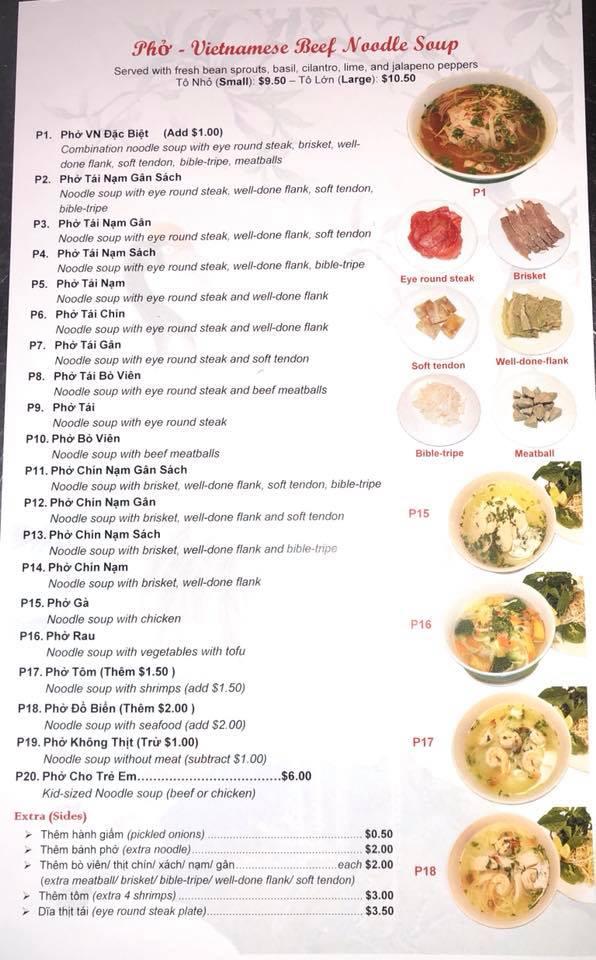 Menu at VN Pho restaurant, Montgomery, Bell Rd