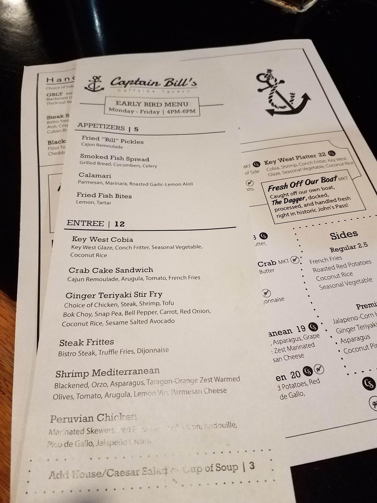 Menu at Captain Bill's Oyster Bar, Treasure Island