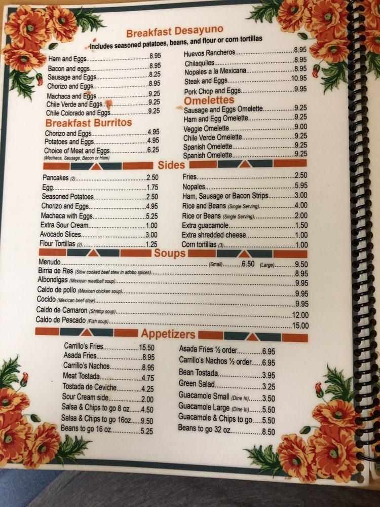 Menu at Carrillo's Mexican Food restaurant, Clovis