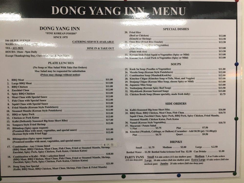 Menu at Dong Yang Inn restaurant, Wahiawa