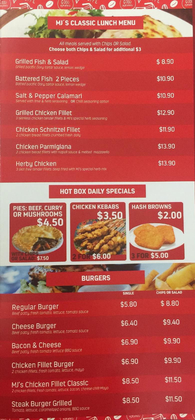 Menu at MJ’s Cafe, Moorebank