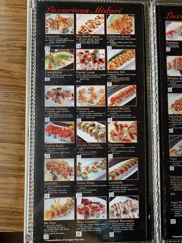 Menu at Midori Sushi restaurant, Tehachapi