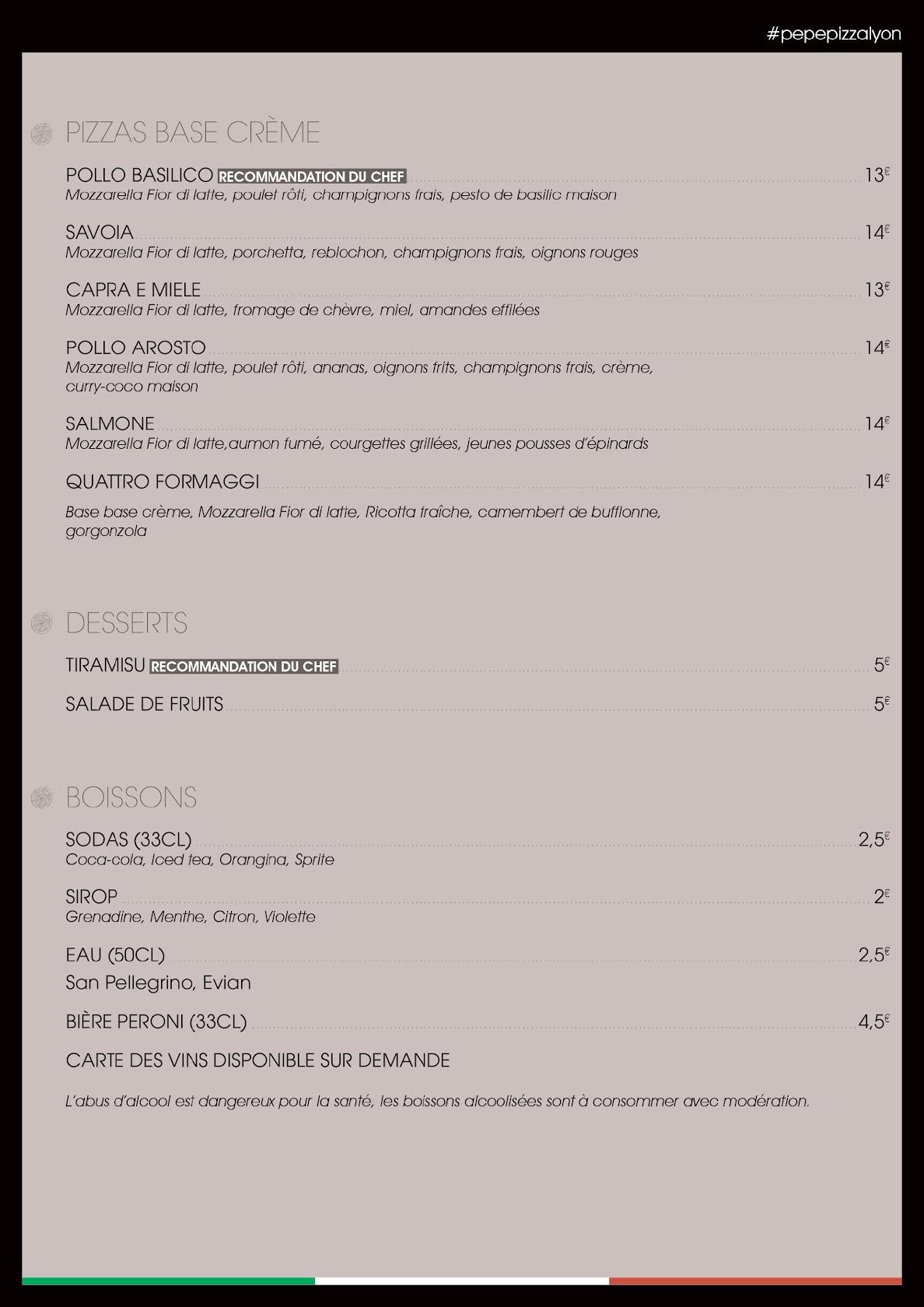 Menu au Pepe Pizza restaurant, Lyon