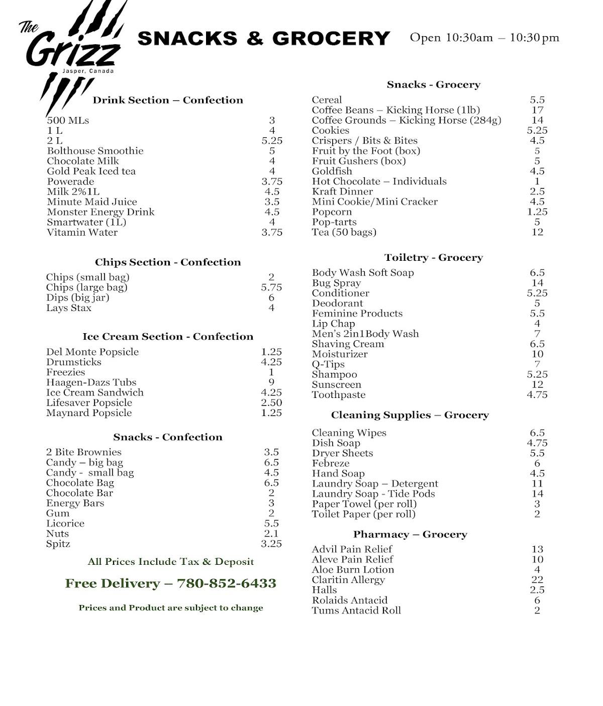 Menu at The Grizz restaurant, Jasper