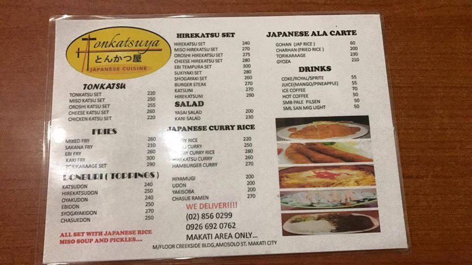 Menu at Tonkatsu-Ya restaurant, Makati