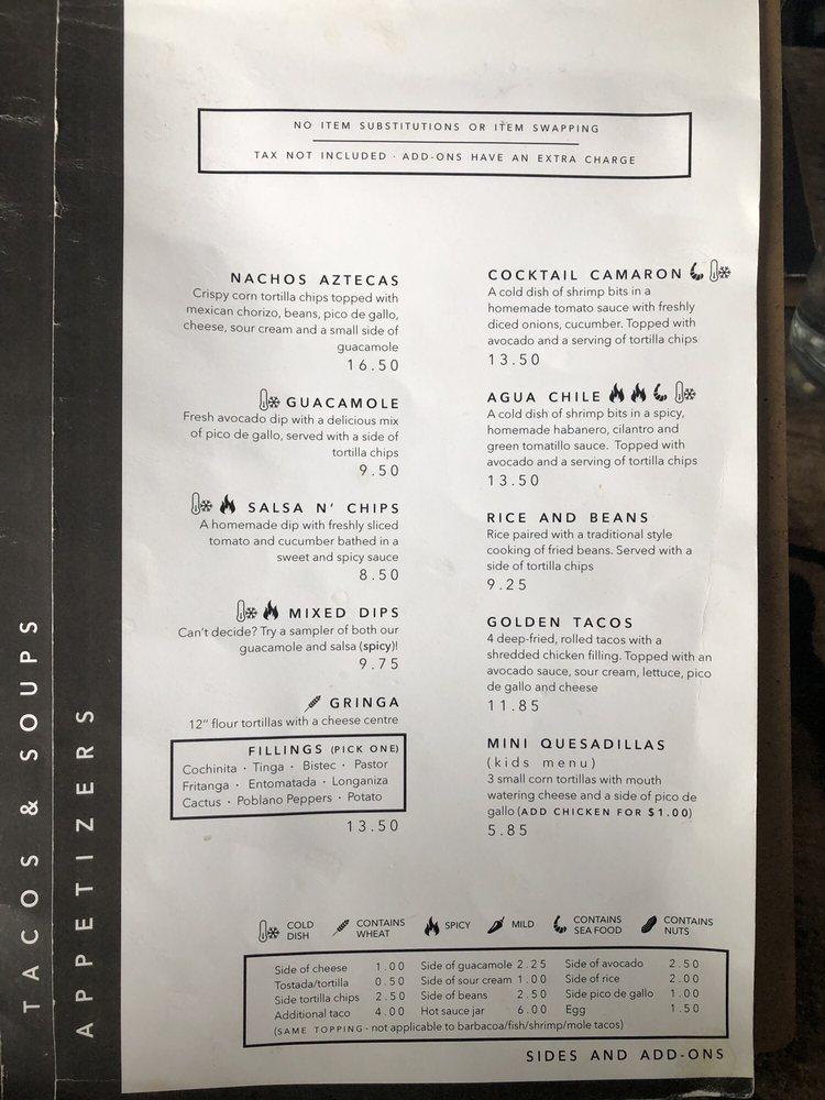 Menu at Aztec's Mine restaurant, Toronto