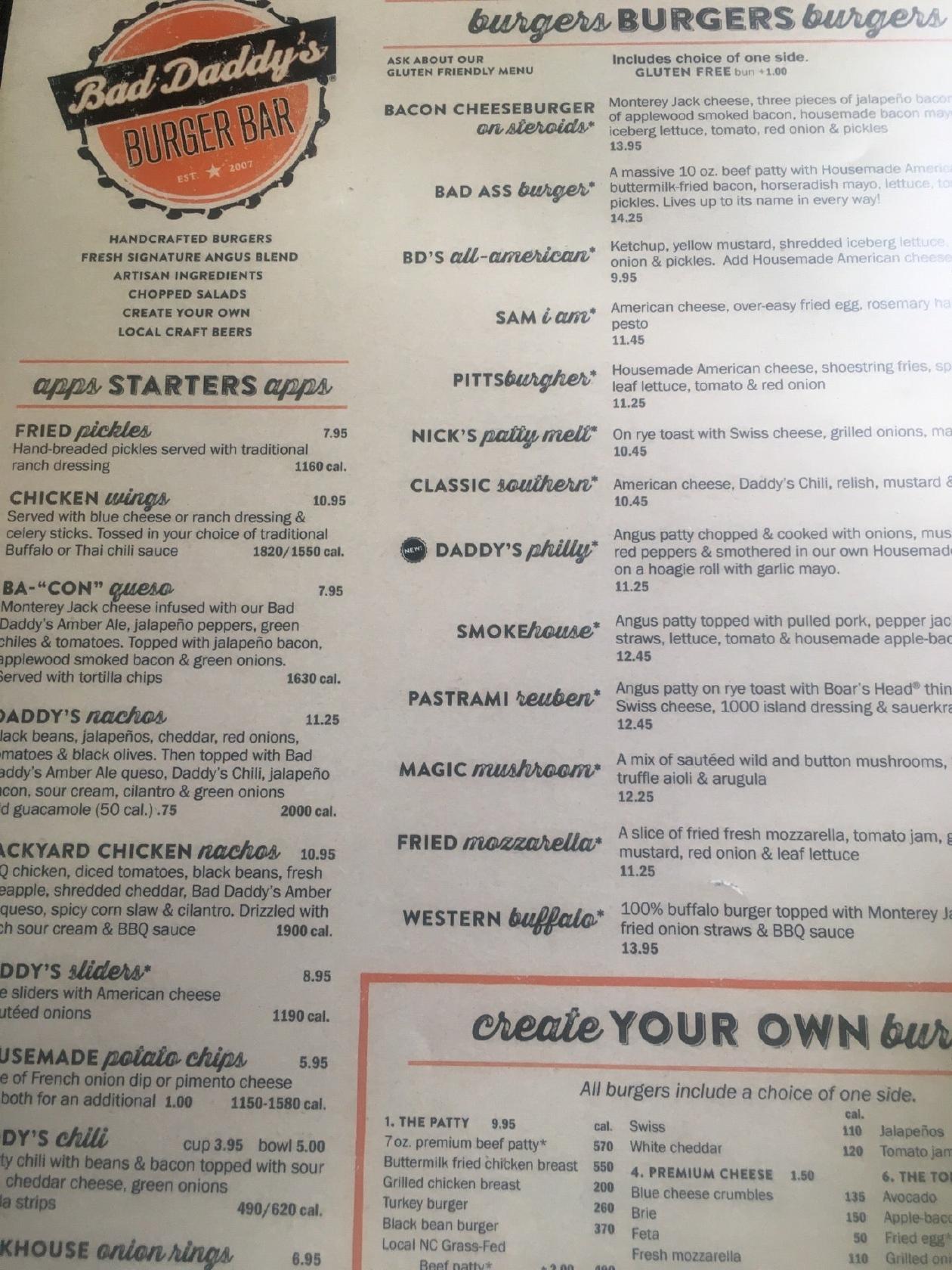 Menu at Bad Daddy's Burger Bar, Charlotte, East Blvd