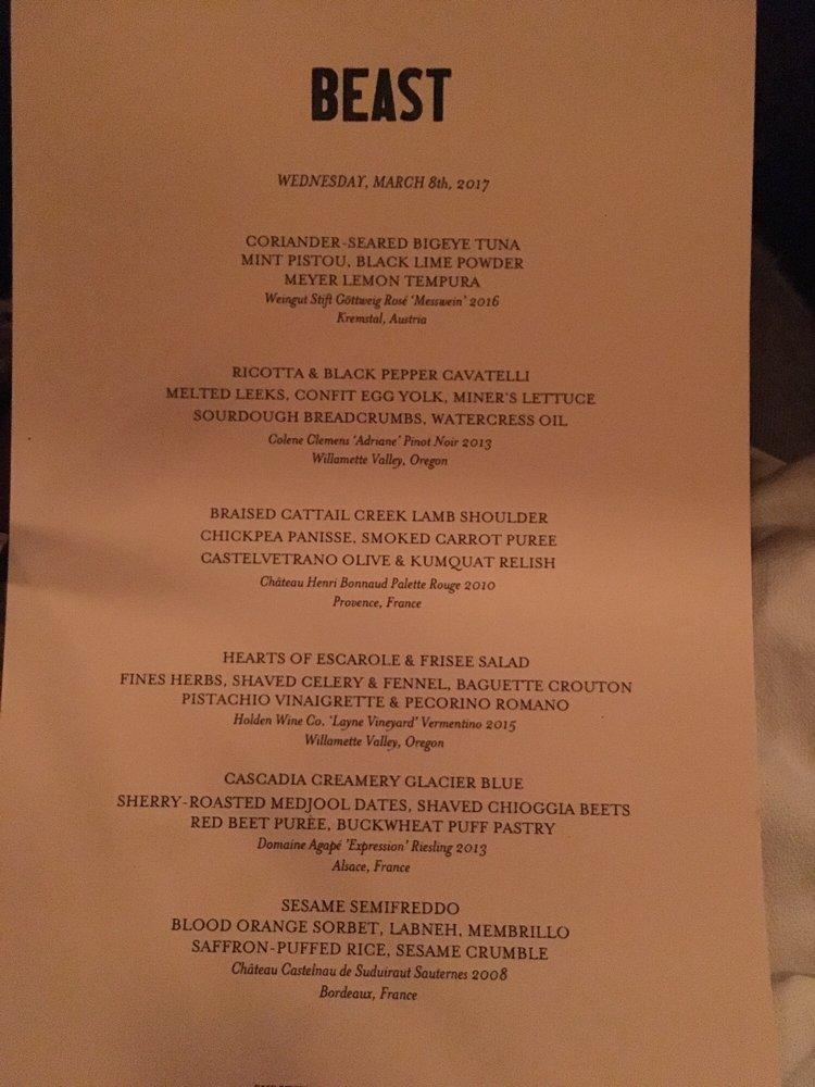 Menu at Beast restaurant, Portland