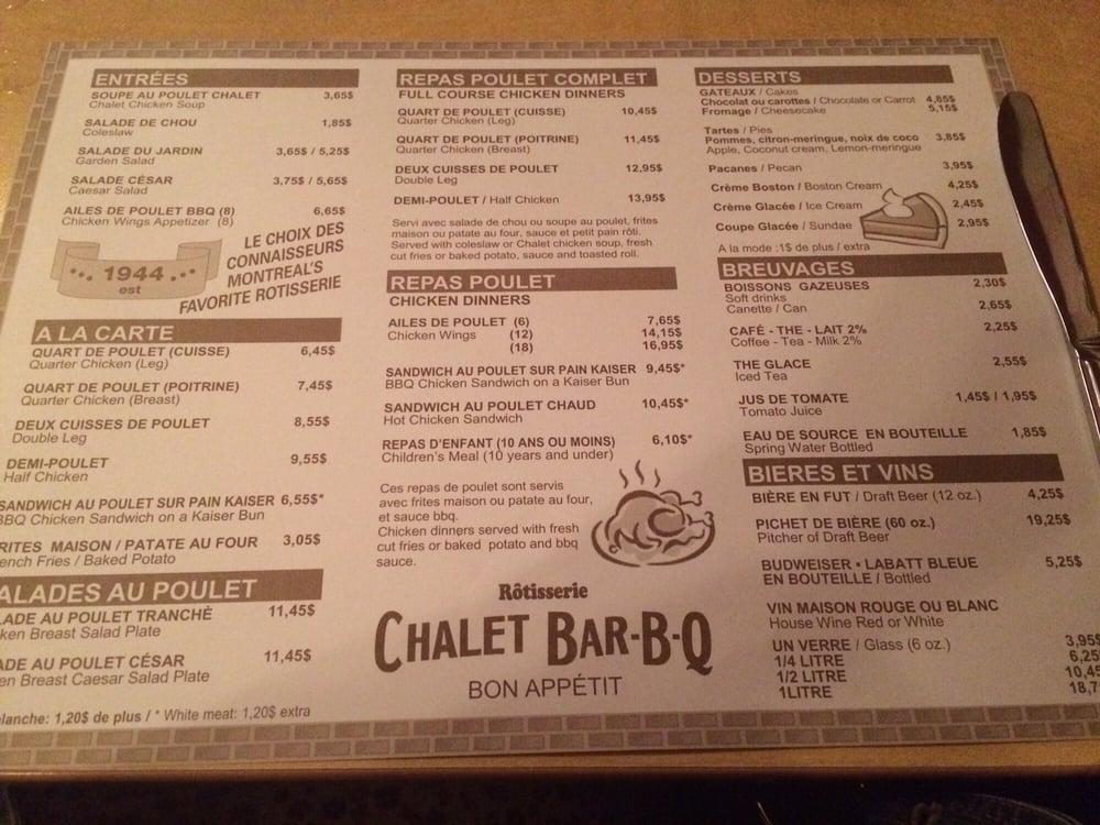 Menu au Chalet Bar-B-Q, Montréal