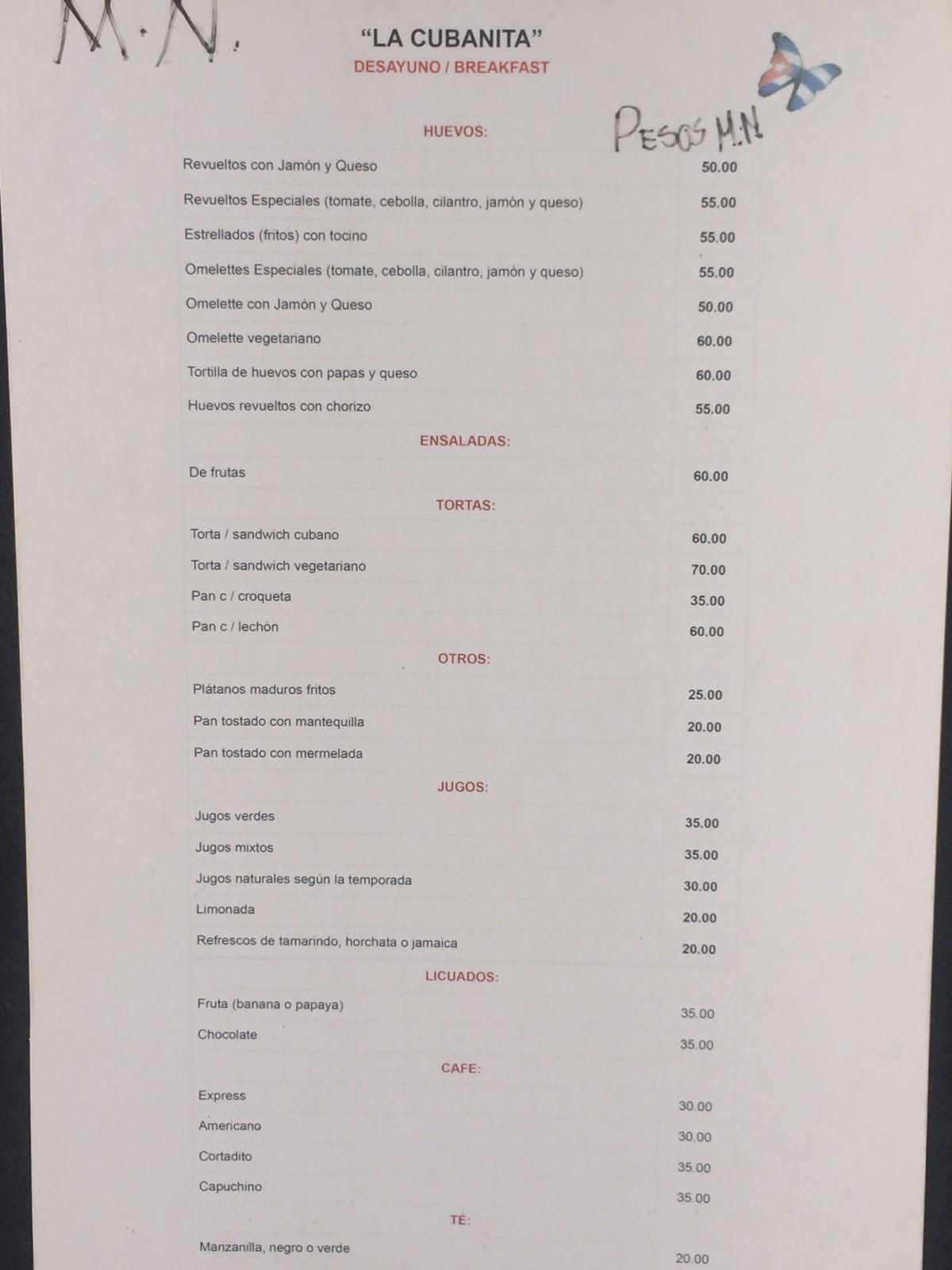 Menu at La Cubanita restaurant, Merida