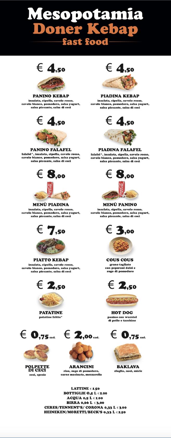 Menu da Mesopotamia Kebap fast food, San Vincenzo