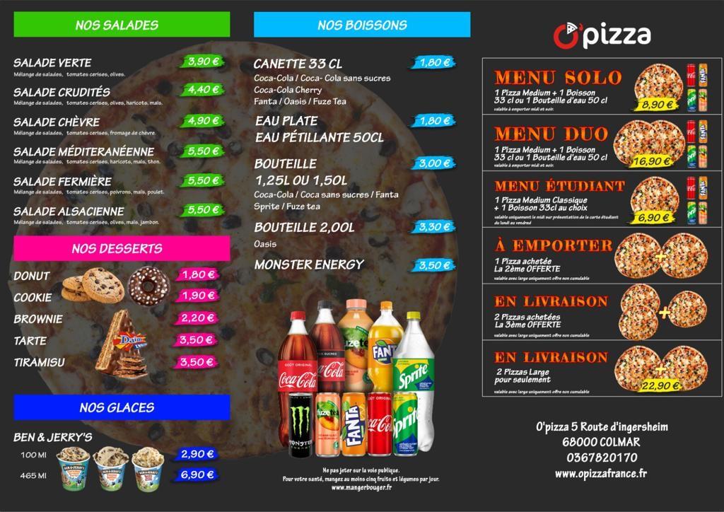 Menu at O'Pizza restaurant, Colmar