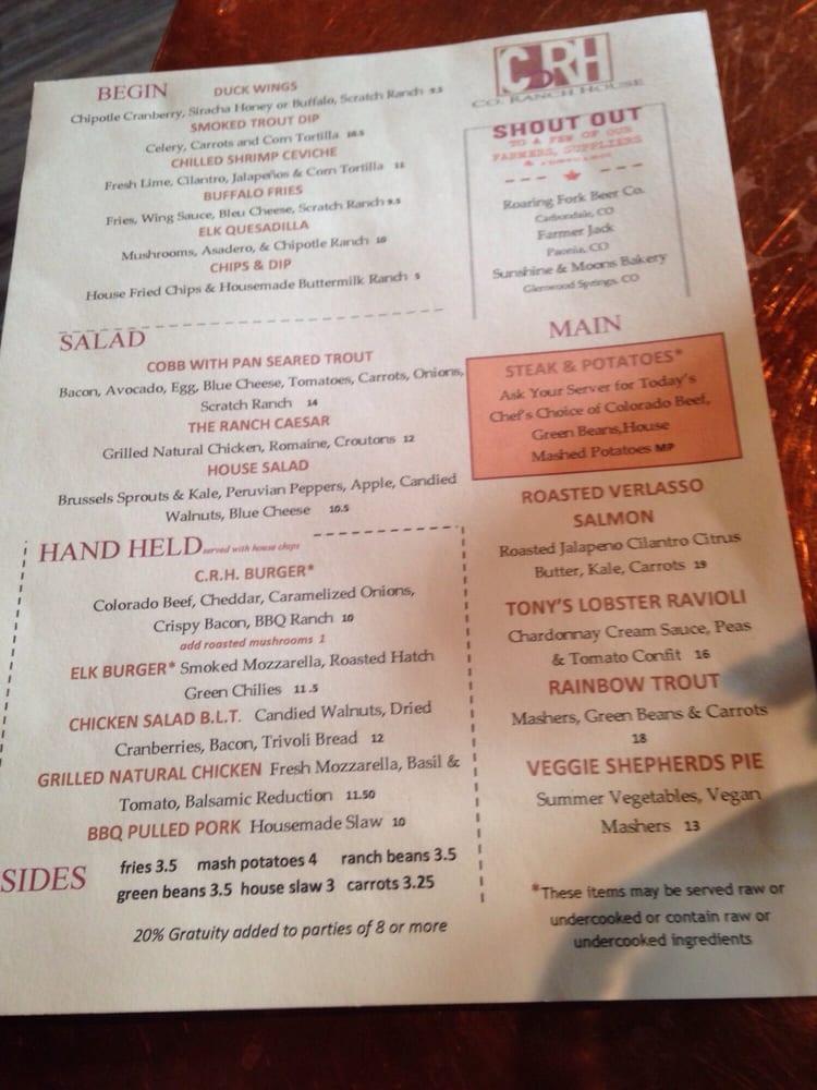 Menu at Co. Ranch House steakhouse, Glenwood Springs