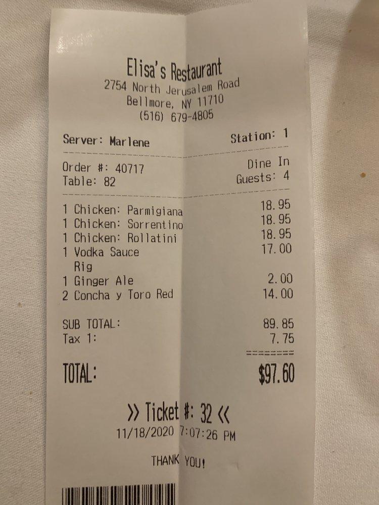 Menu at Elisa's Restaurant, North Bellmore