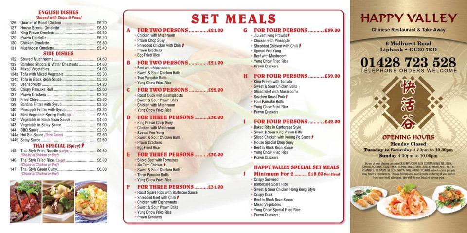 Menu at Happy Valley Chinese Restuarant&Take Away restaurant, Liphook