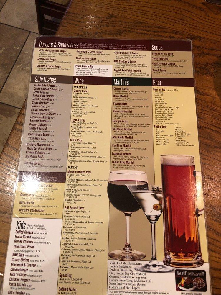 Menu at Lucky's Steakhouse, Bay City