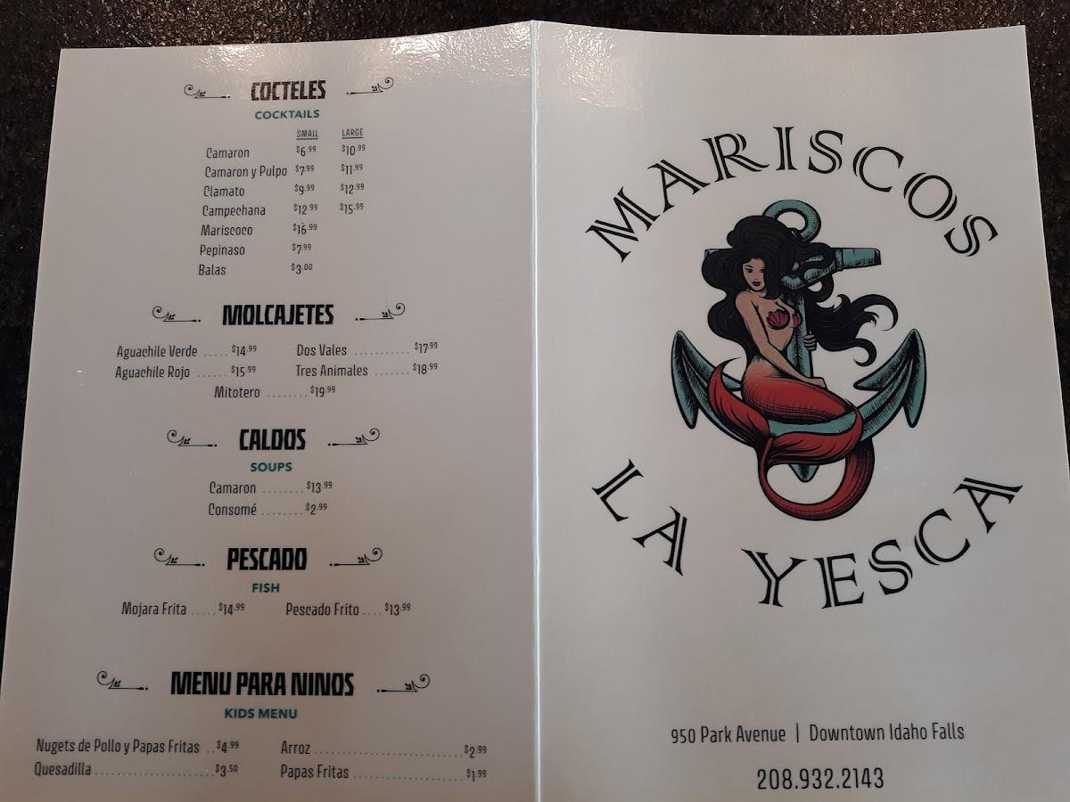 Menu at Mariscos La Yesca restaurant, Idaho Falls