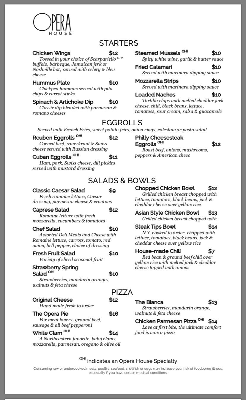 Menu at Opera House Miami pub & bar, Miami