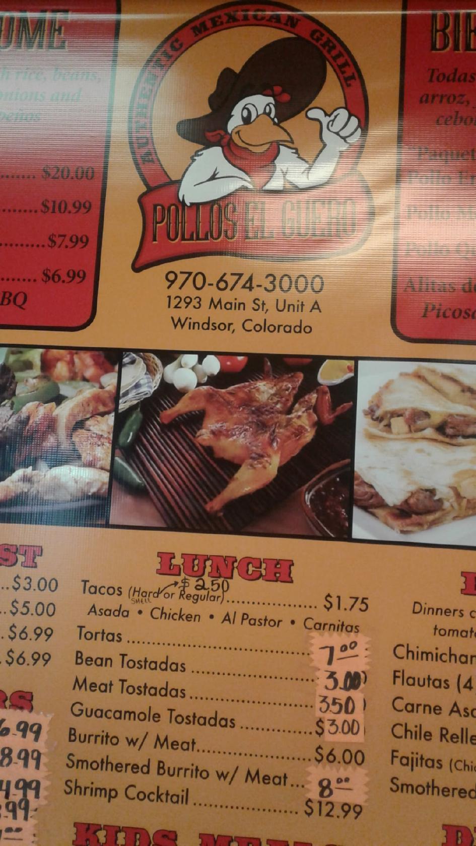Menu at Pollos El Guero restaurant, Windsor