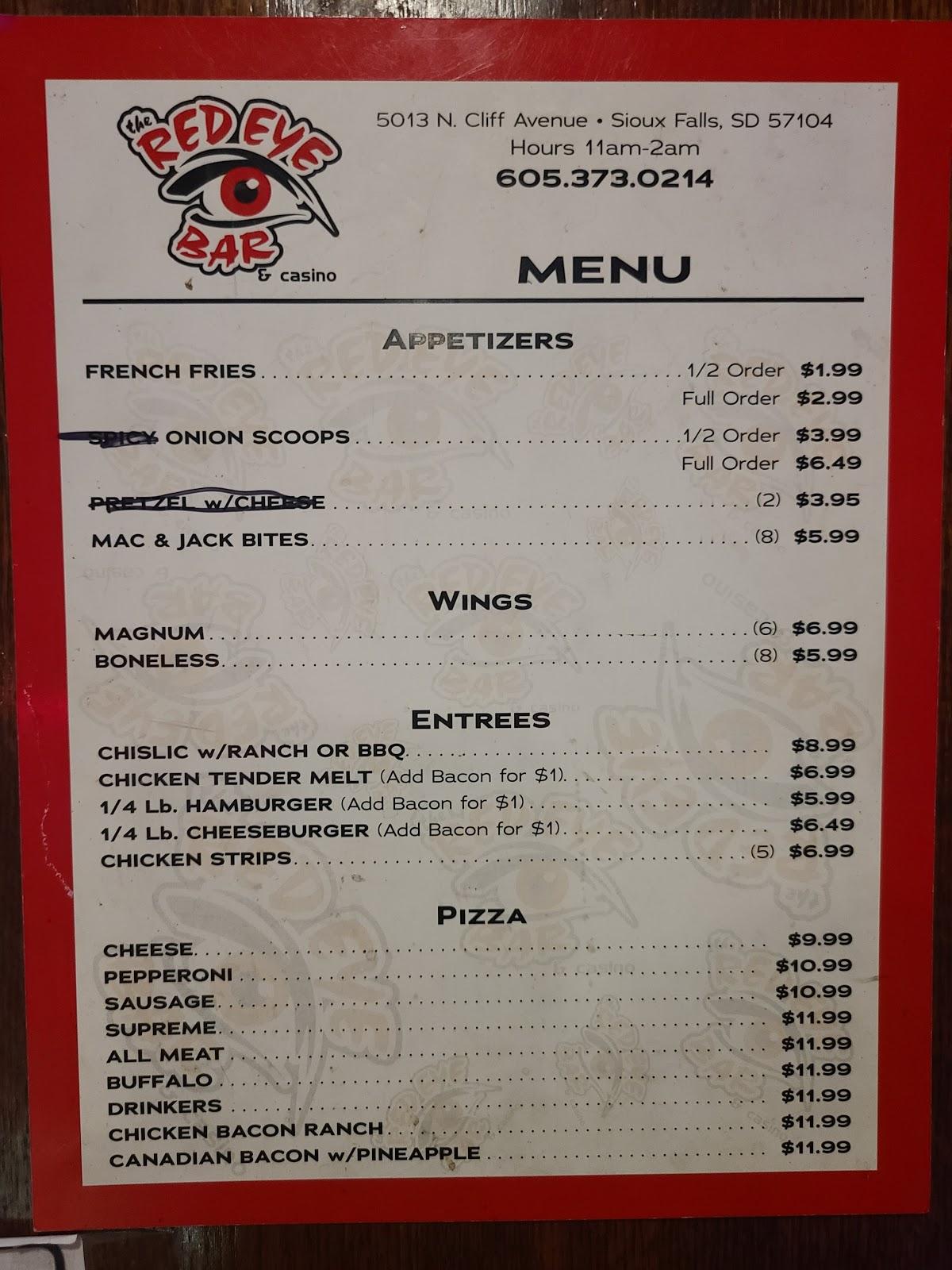 Menu at Red Eye Bar & Casino, Sioux Falls
