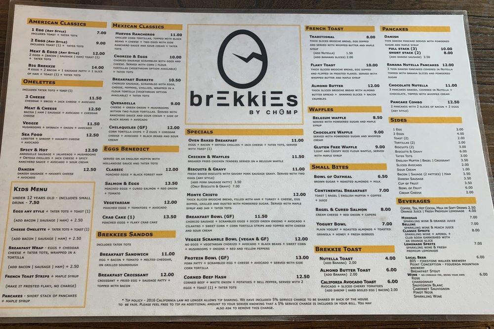 Menu at brekkies by chomp restaurant, Solvang