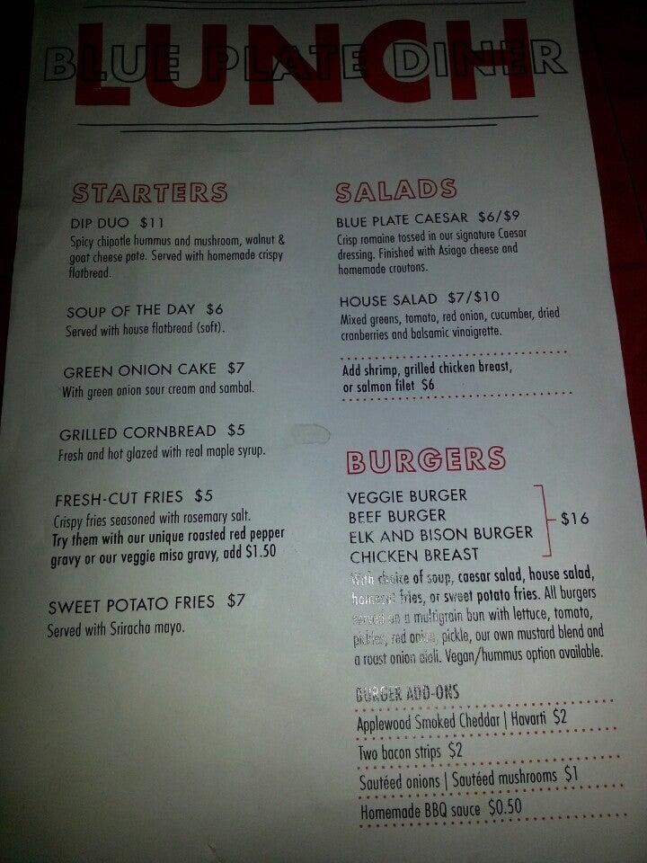 Carta del restaurante Blue Plate Diner, Edmonton, - 104 Street