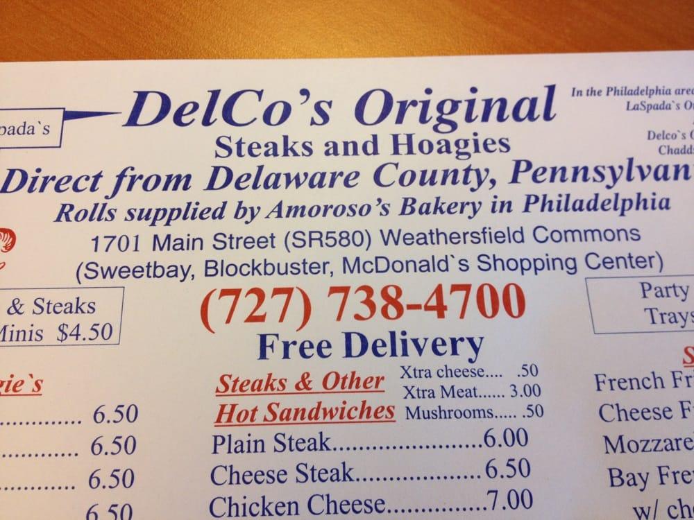 Menu at Delco's Original Steaks steakhouse, Dunedin