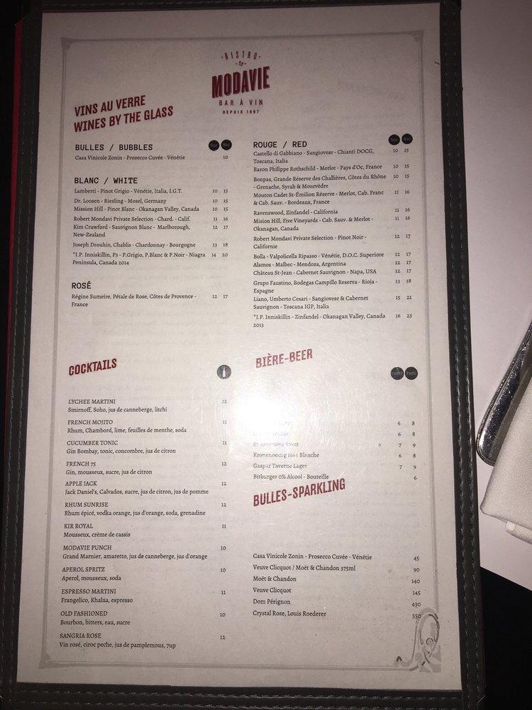 Menu at Modavie restaurant, Montréal, 1 Saint-Paul St W